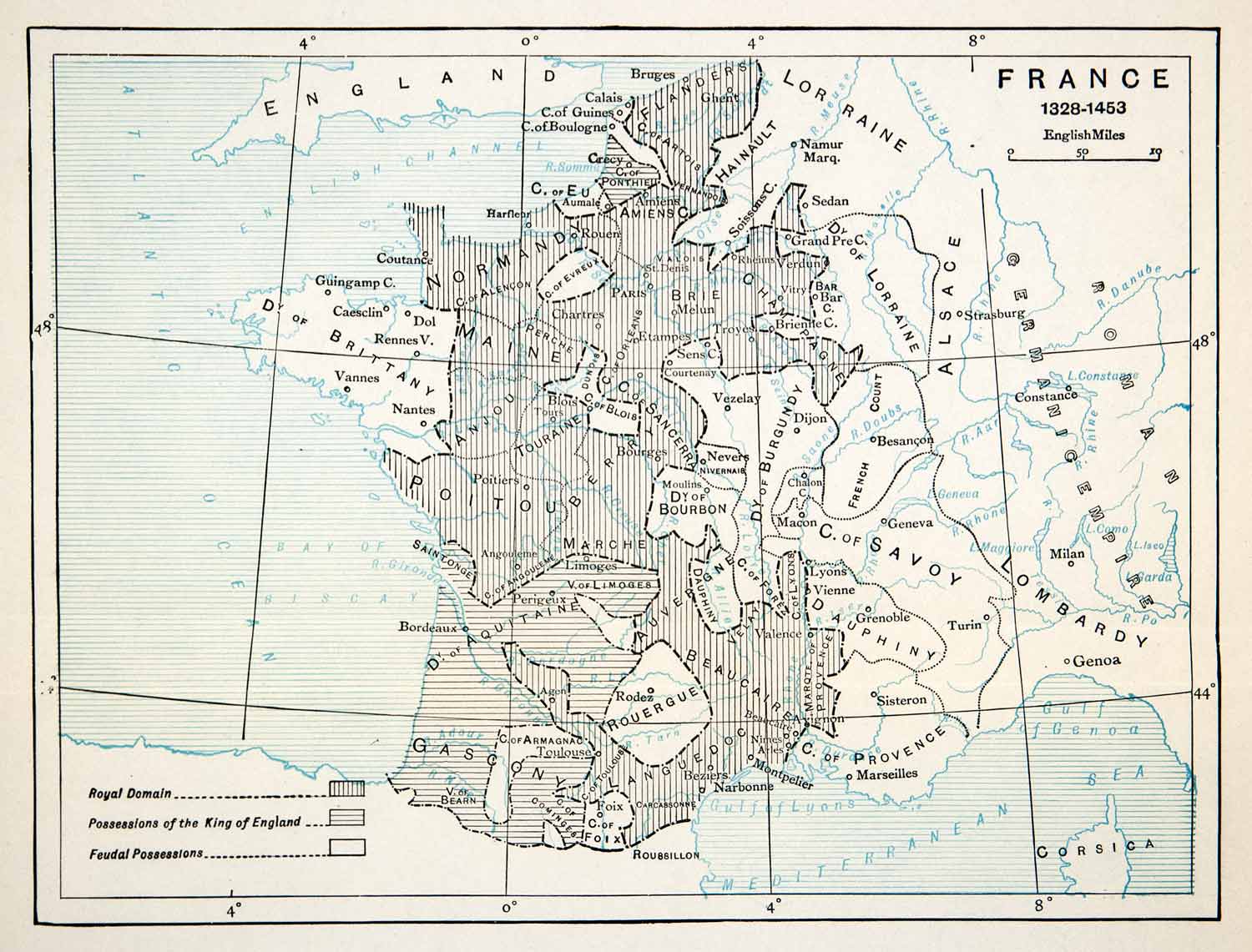 1921 Print Map France Europe England Royal Domain Feudal Roman Germani ...