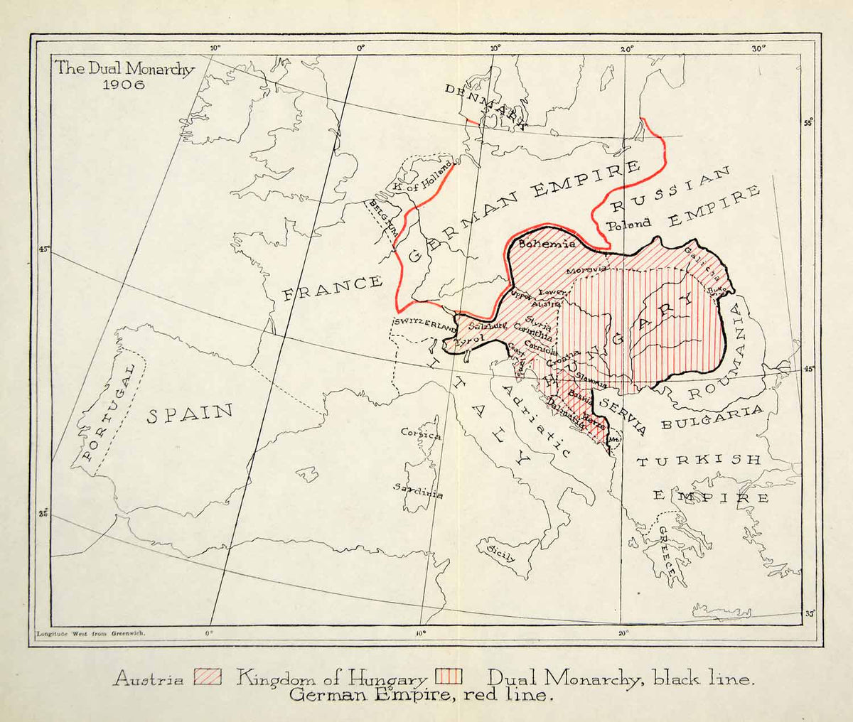 1907 Print Map Europe German Empire Hungary France Russia Turkish Denm ...