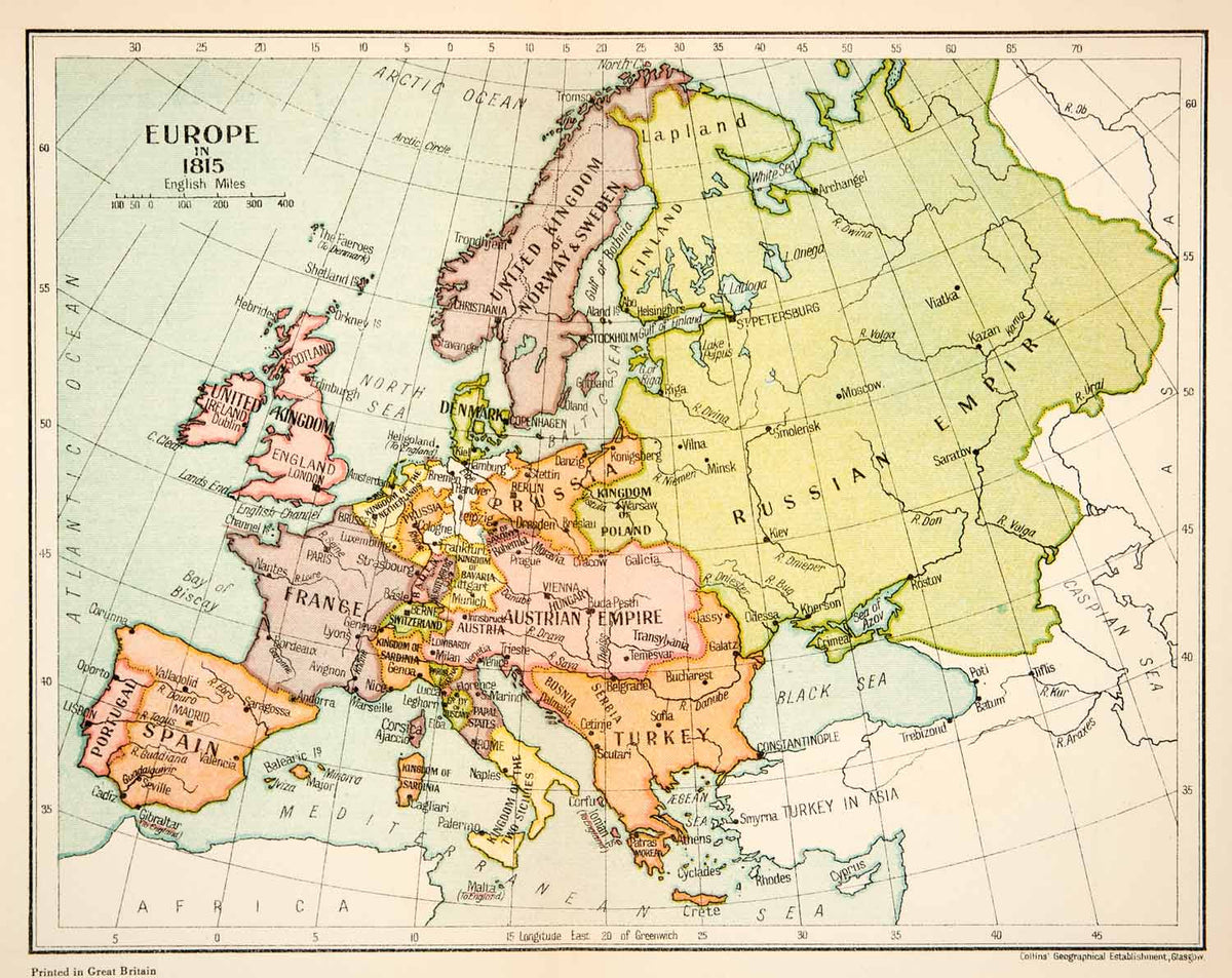1926 Lithograph Map Europe 1815 Russian Empire France Turkey Spain Por ...