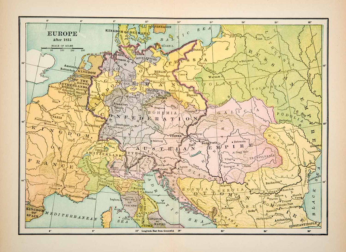 1921 Print Map Europe German Confederation Austrian Empire Kingdom Fra ...