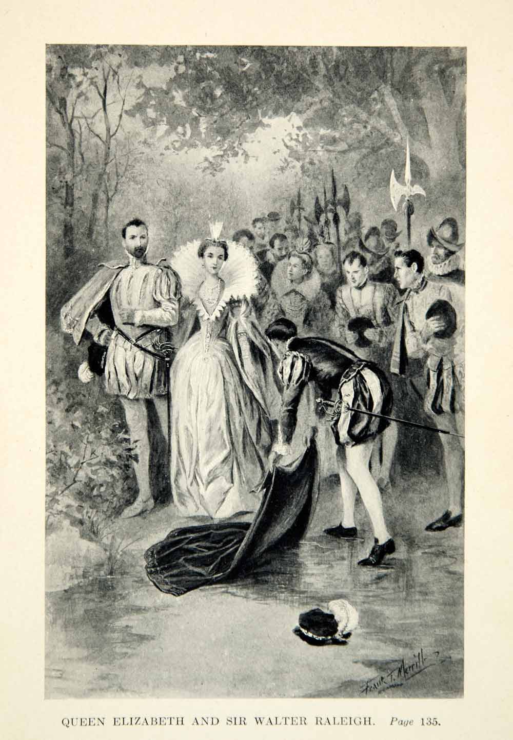 1912 Print Queen Elizabeth Sir Walter Raleigh English Royalty Puddle C ...