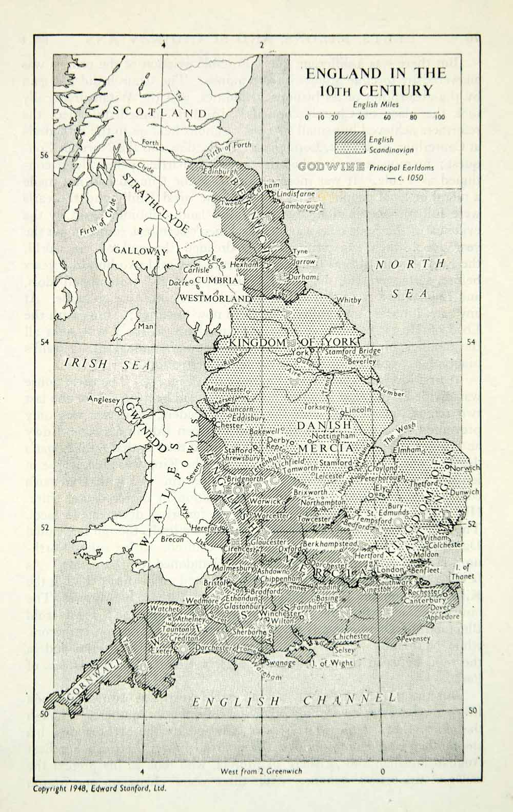 1951 Offset Lithograph England 10th Century Map Irish Sea Kingdom York ...
