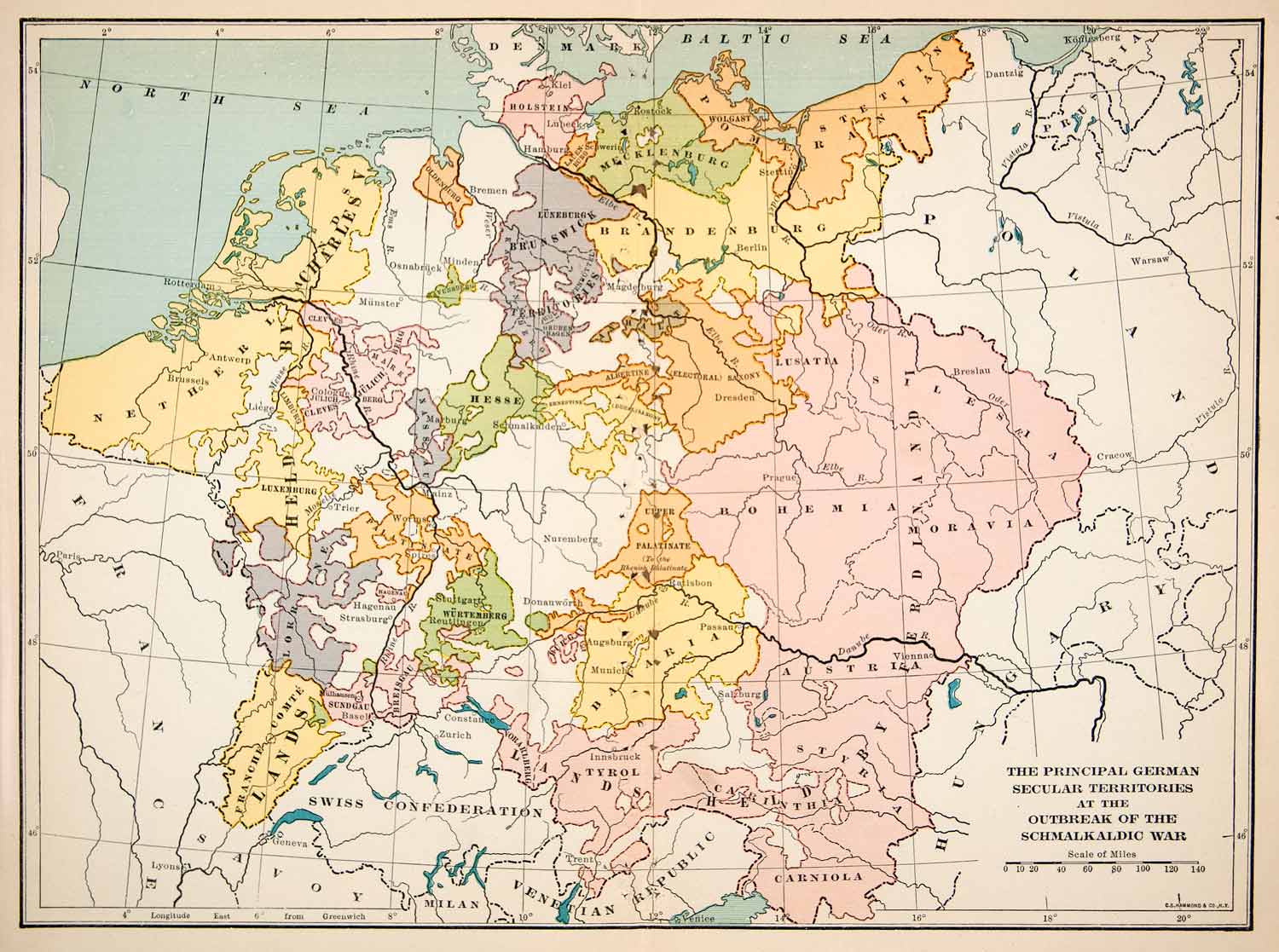 1915 Print Map Germany Secular Territories Schmalkaldic Wars Swiss XEP ...
