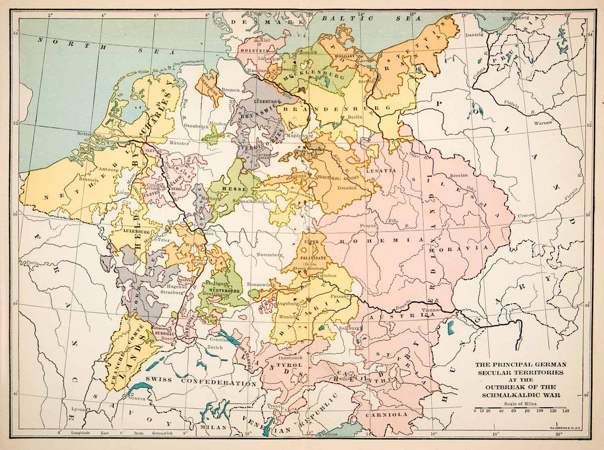 1915 Print Map Germany Secular Territories Schmalkaldic Wars Swiss XEP ...
