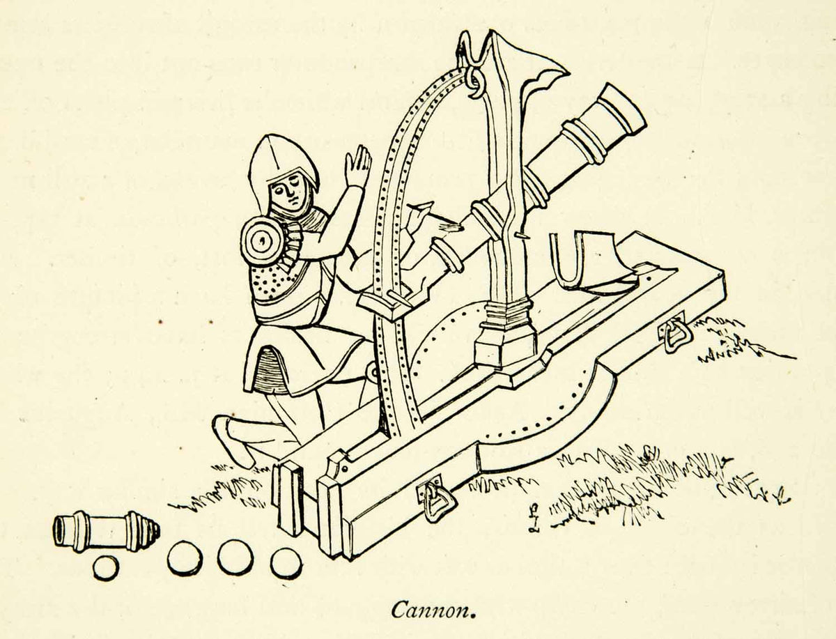 1872 Wood Engraving Middle Ages Cannon Siege Weapon Artillery Military ...
