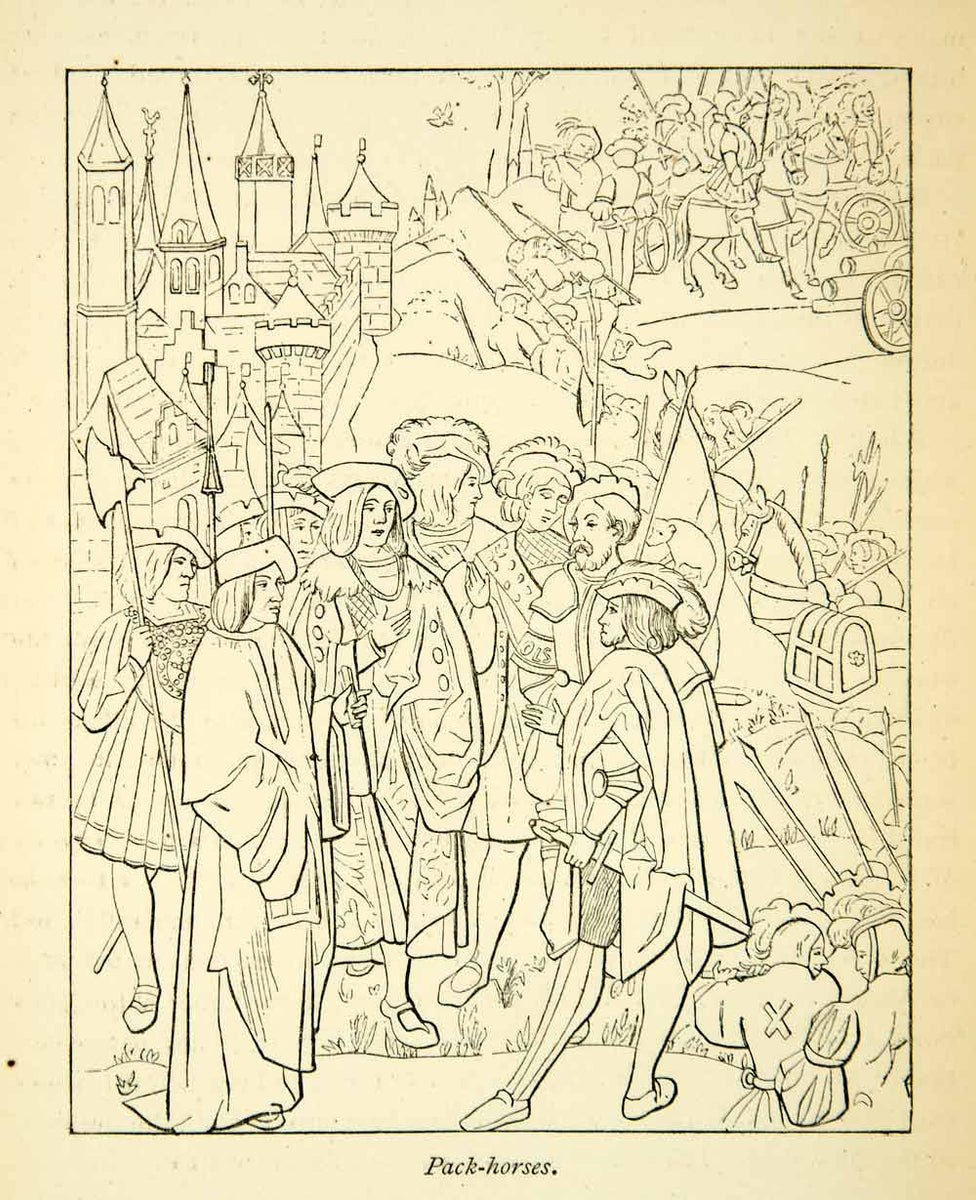 1872 Wood Engraving Pack Horses Middle Ages Calvary Cannon Military Kn ...