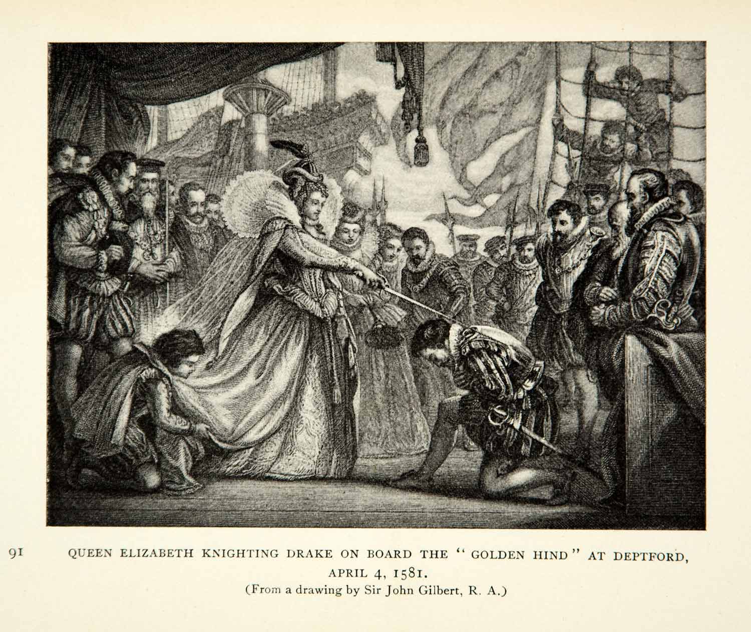 1898 Print Queen Elizabeth England Sir Francis Drake Knighting Captain ...