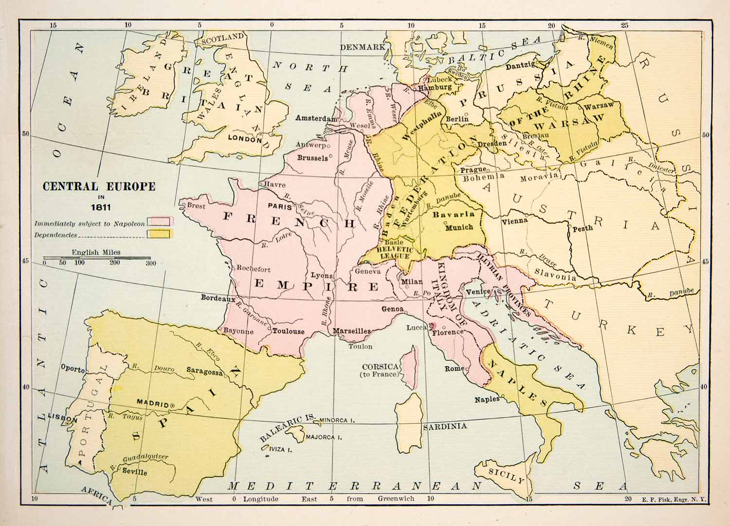 1891 Print Antique 1811 Map Central Europe England Germany Italy Franc ...