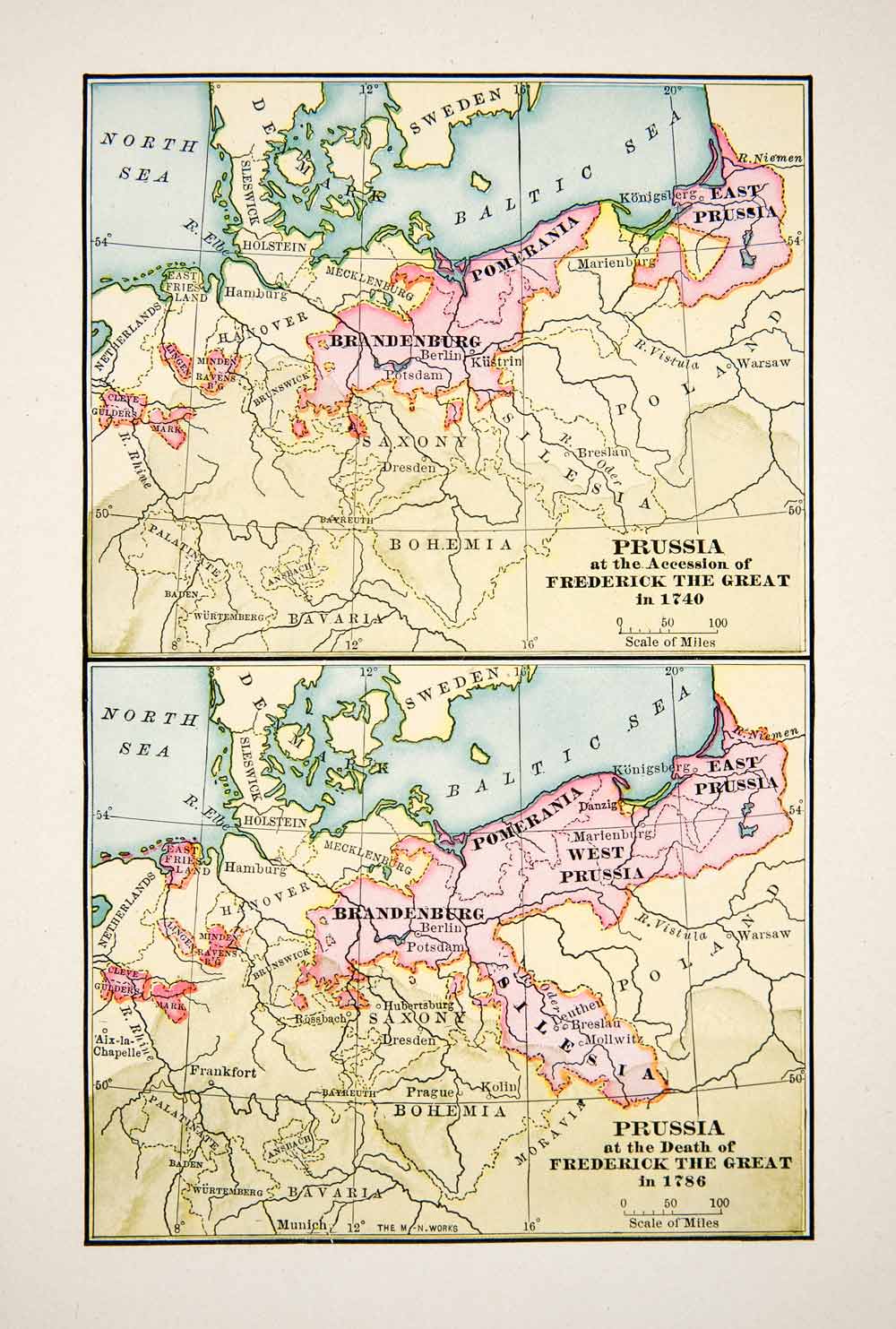 1907 Print Map Prussia Frederick Great Pomerania Sweden Bohemia Baltic ...