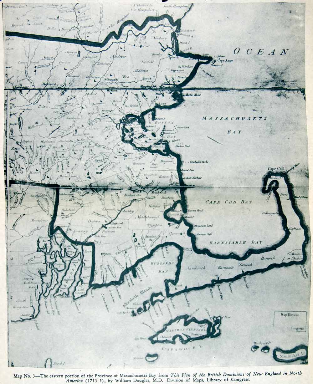 1936 Photolithographic Map Eastern Portion Porvince Massachusetts Bay ...
