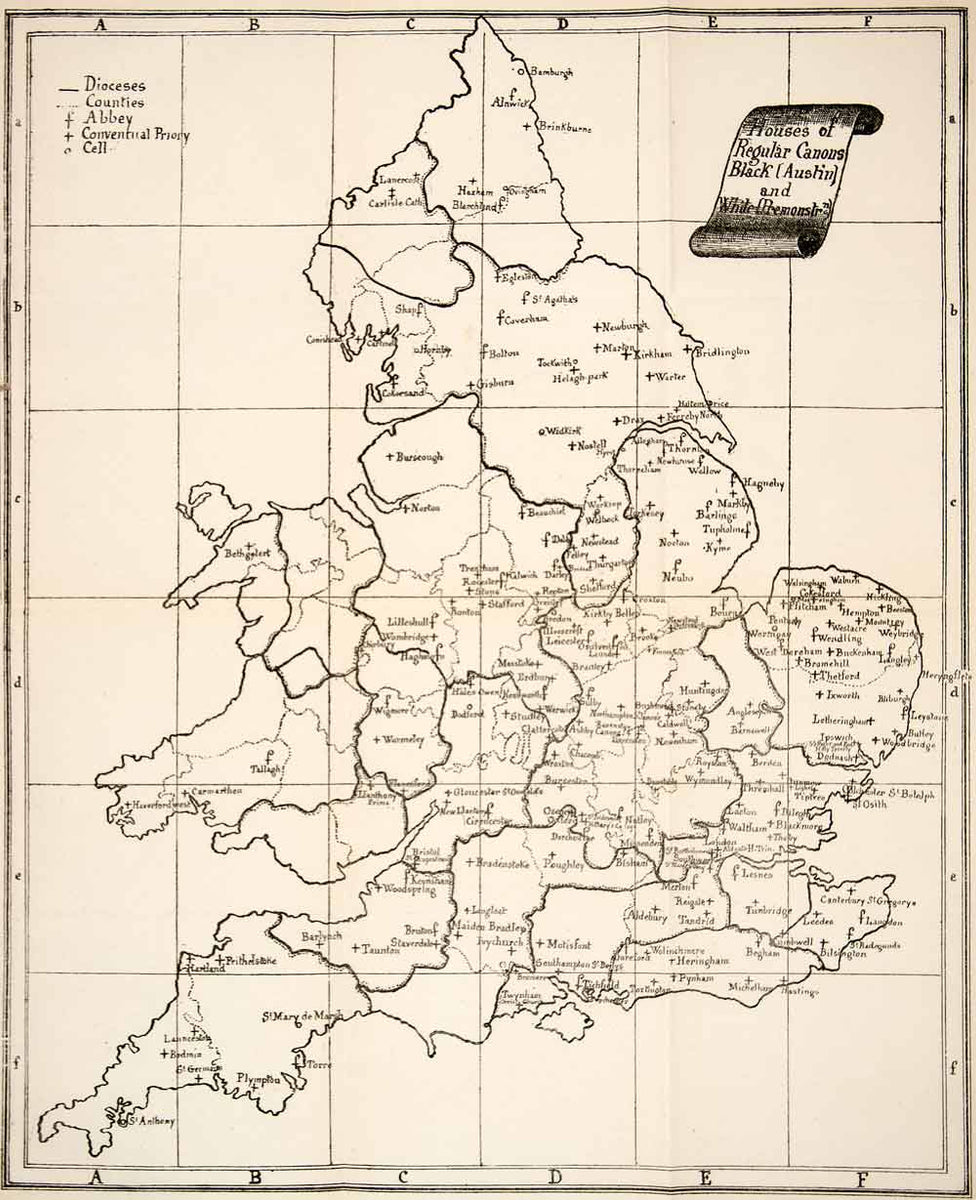 1890 Print Map England Dioceses Counties Abbey Convents Monastery Regu ...