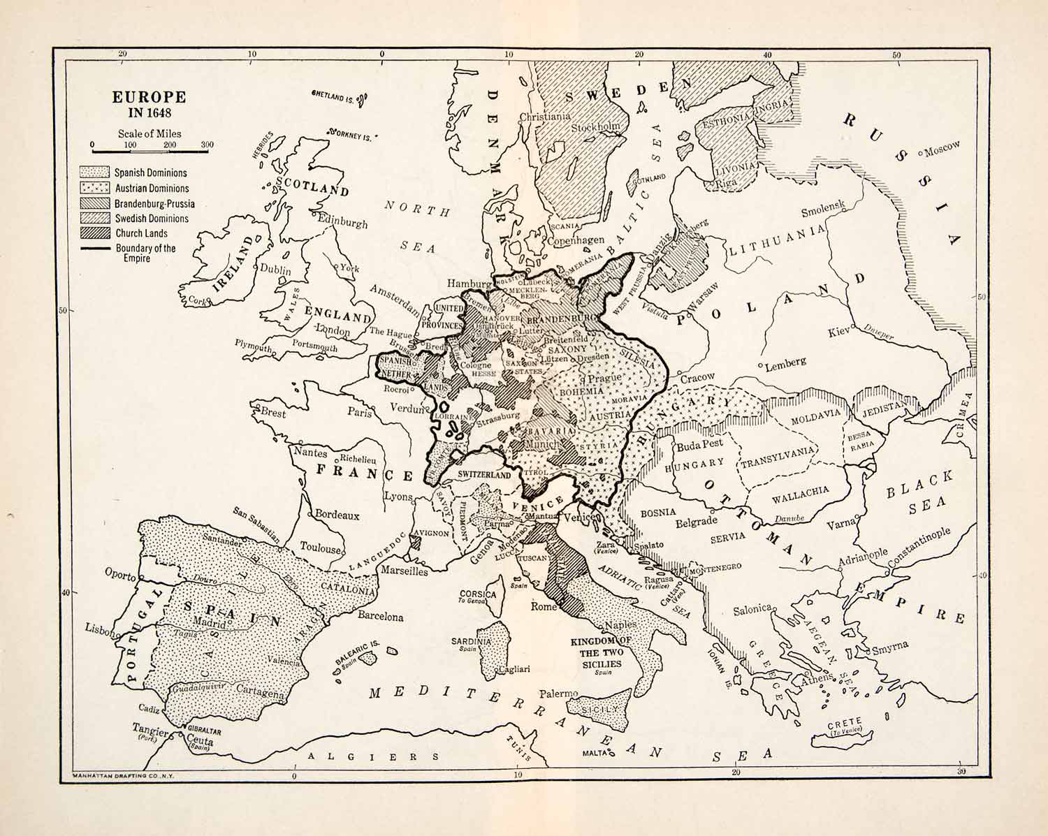 1928 Print Map Europe Spanish Austrian Swedish Dominions Brandenburg X ...