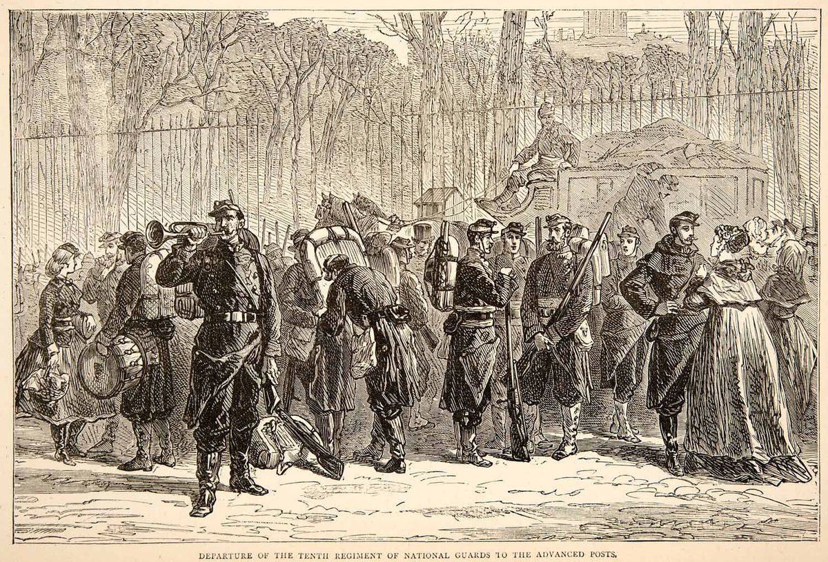 1874 Wood Engraving Departure Tenth Regiment National Guard Post Franc ...