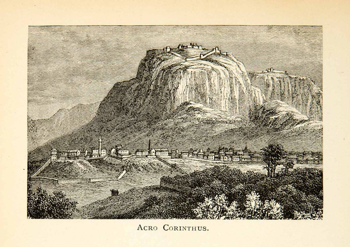 1893 Wood Engraving Acro Corinthus Greece Landscape Landmark Historic ...