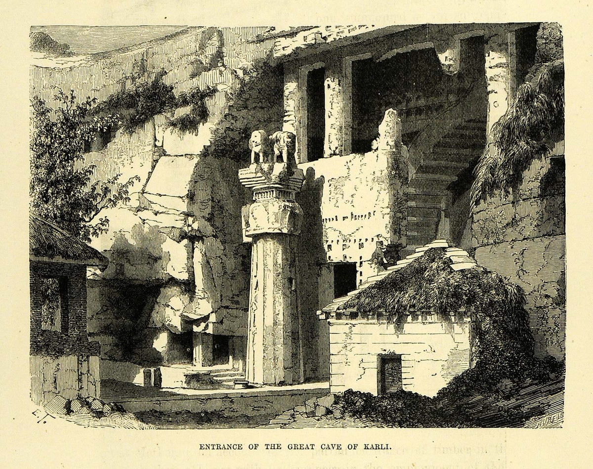 1878 Wood Engraving Entrance Great Cave Karli India Karla Buddhist XGA ...