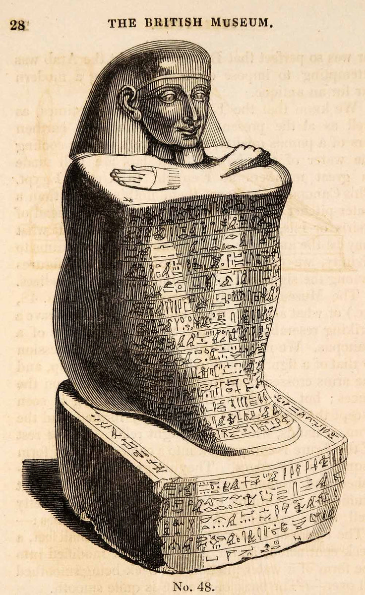 1836 Wood Engraving Egyptian Seated Statue Altar Hieroglyphic Worship ...