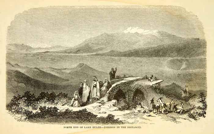 1858 Wood Engraving Art Lake Huleh Hula Valley Mt Hermon Israel Middle ...