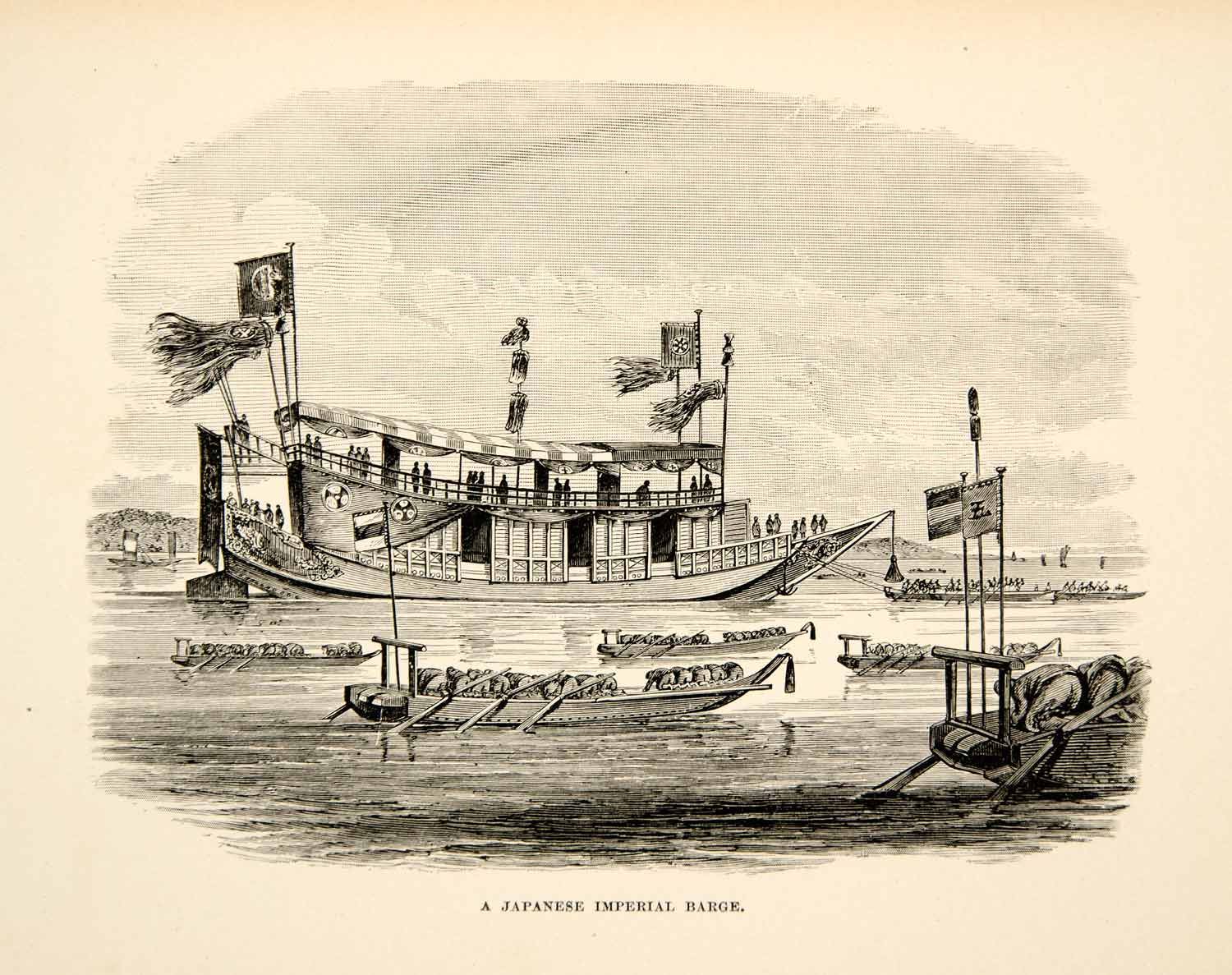 1902 Wood Engraving Japanese Imperial Barge Boat Sailing Transportatio ...