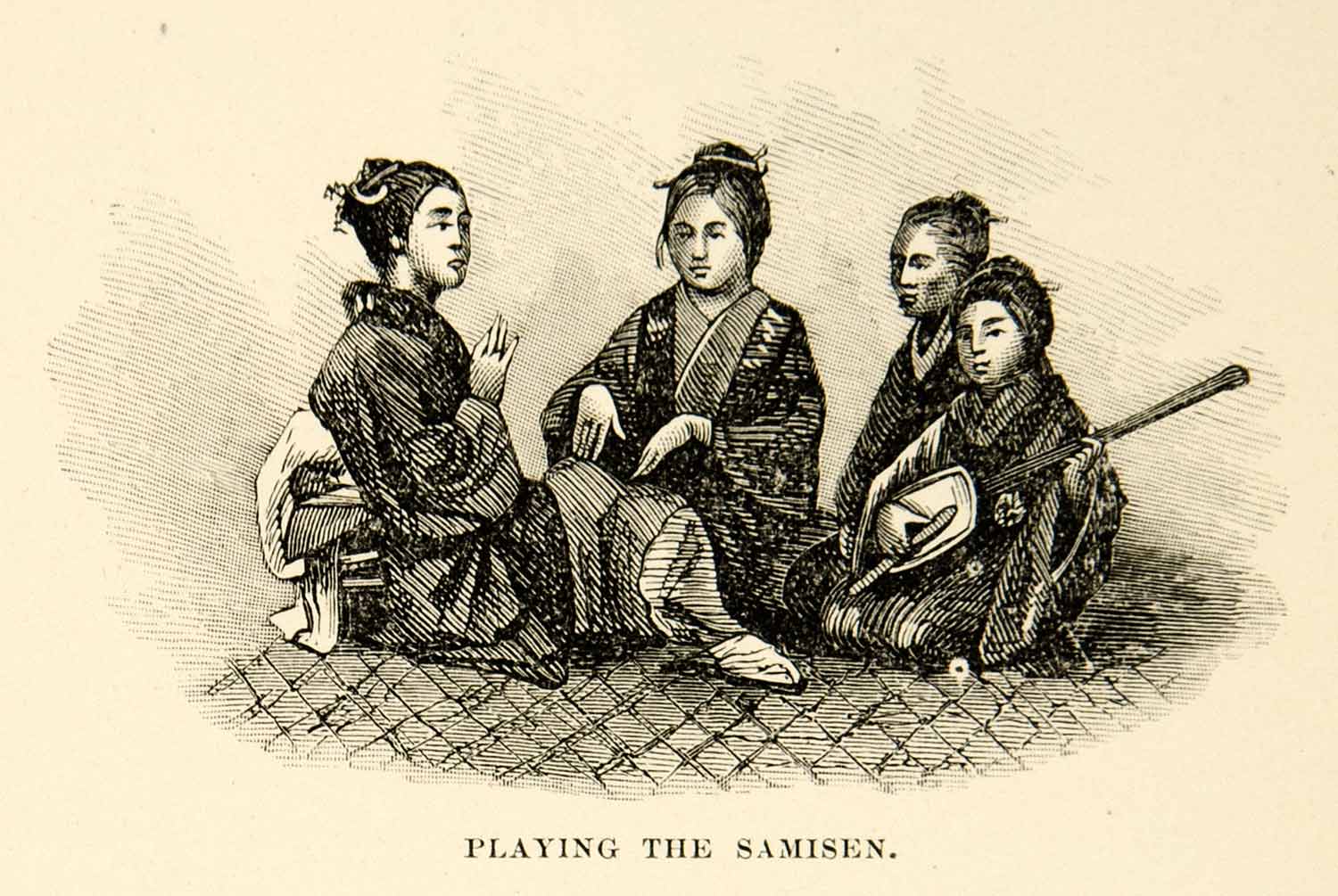 1902 Wood Engraving Samisen Japanese Musician Traditional Instrument A ...
