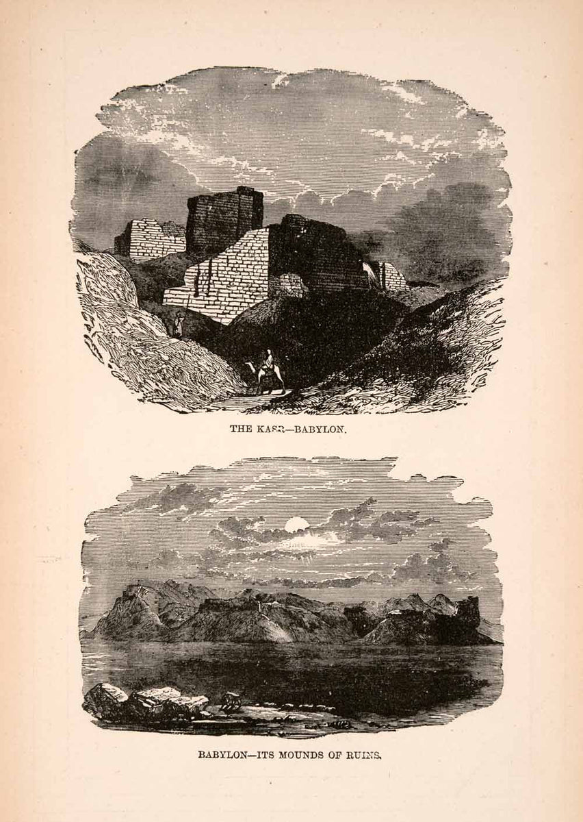 1873 Wood Engraving Babylon Kasr Ruins Mounds Mesopotamia Ancient City ...