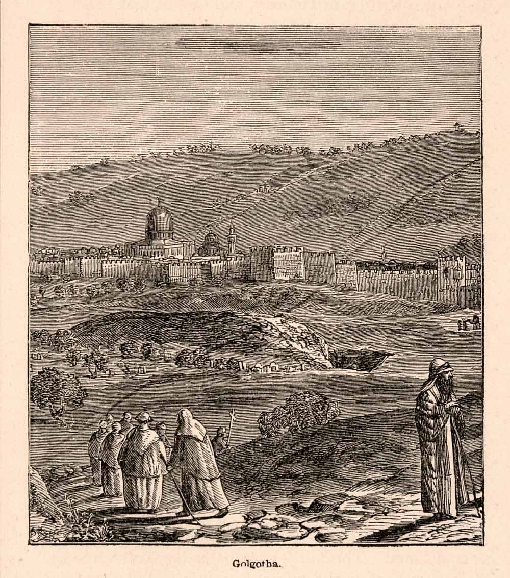 1873 Wood Engraving Golgotha Jesus Crucifixion Jerusalem Landscape Red ...