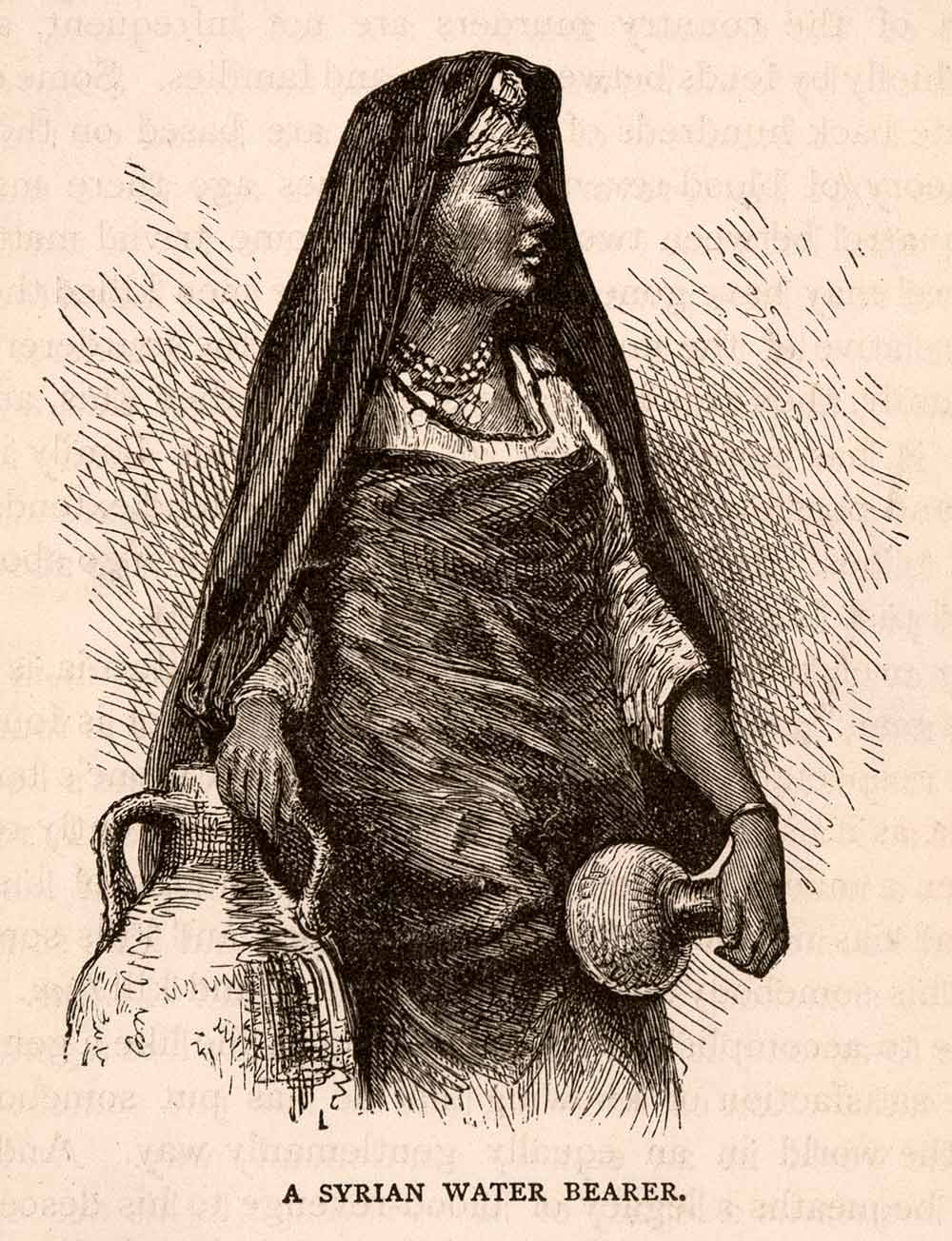 1875 Wood Engraving Syrian Woman Water Bearer Middle East Damascus Ser ...