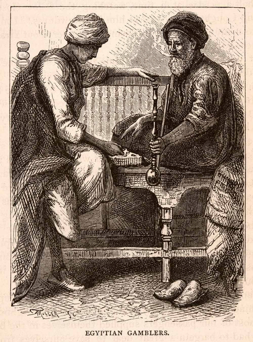 1875 Wood Engraving Egyptian Gamblers Smoking Hookah Nargila Tobacco X ...