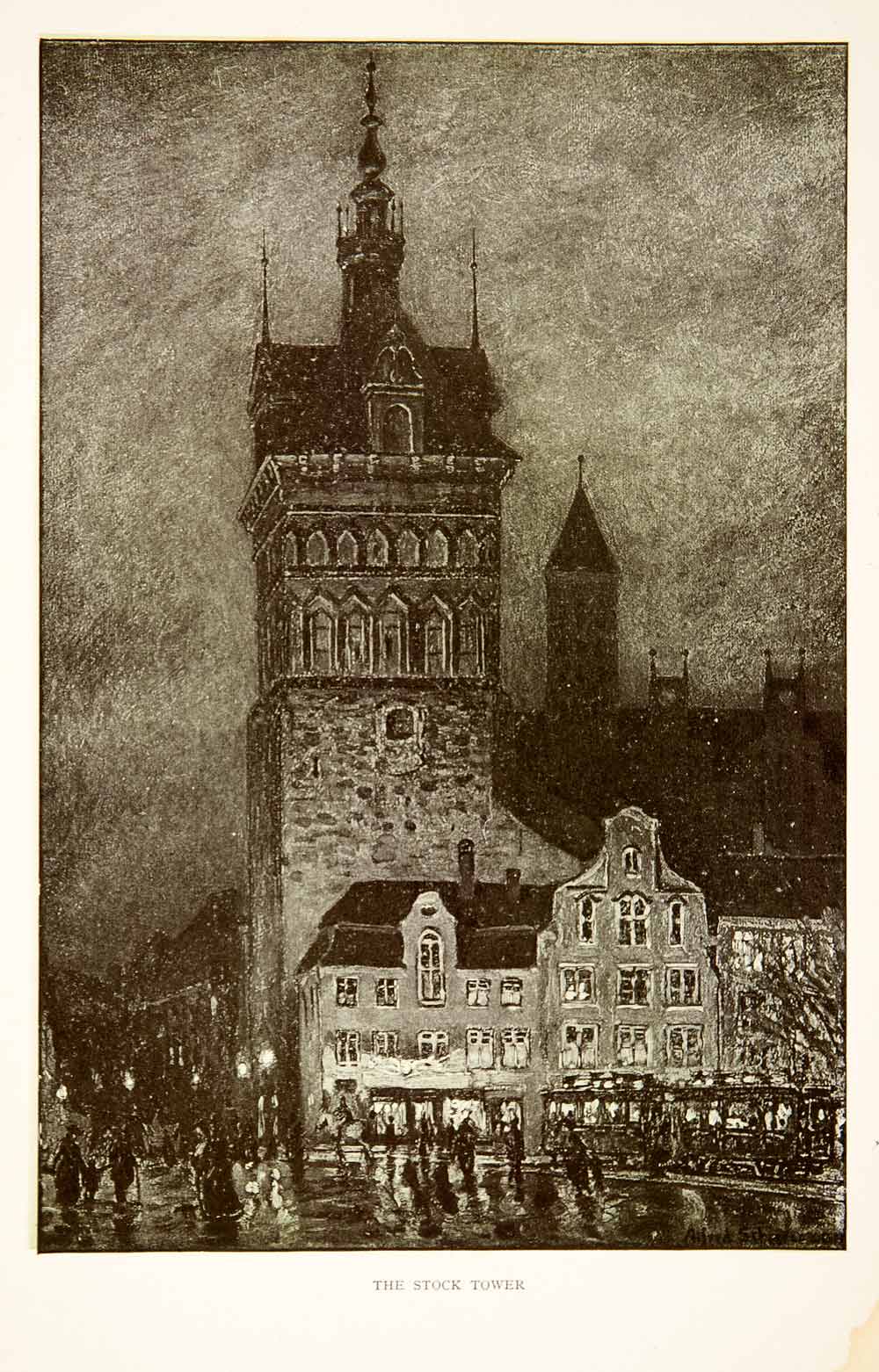 1909 Photolithograph Stock Tower Danzig Poland Architecture City Squar ...