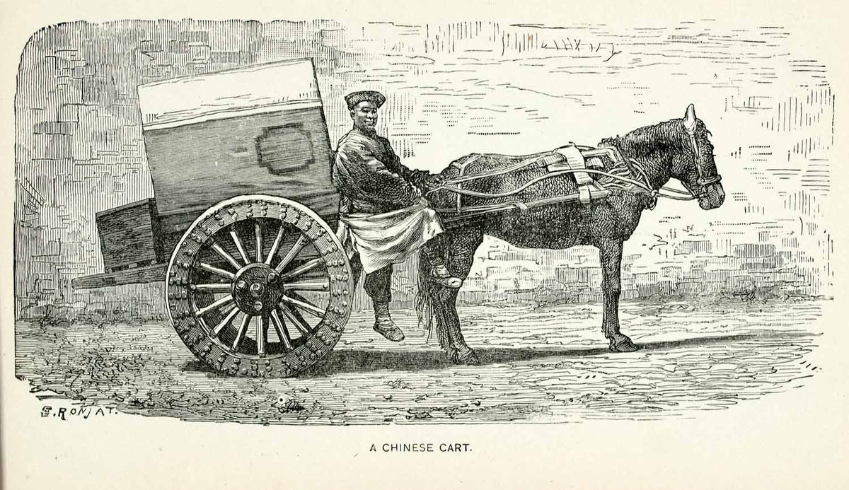 1888 Wood Engraving Chinese Cart Horse Portrait Transportation Traditi ...