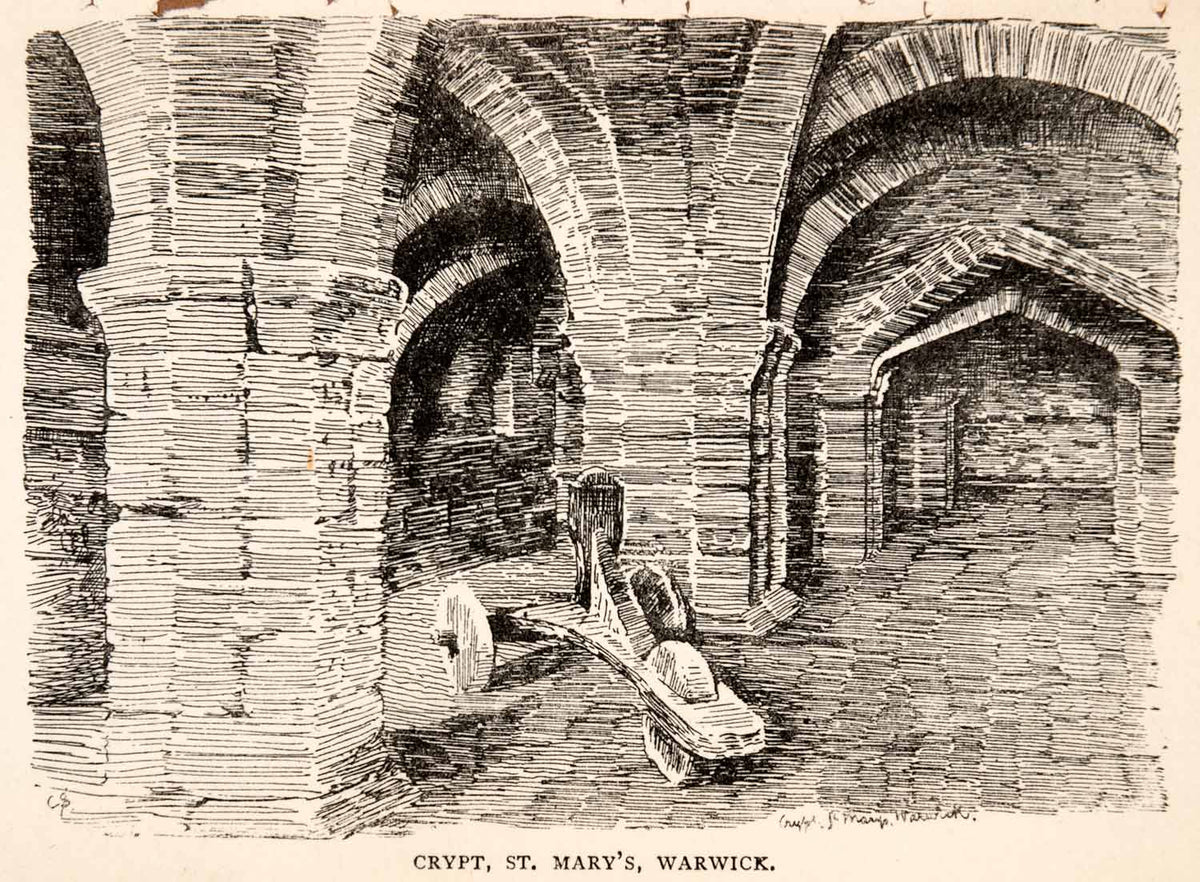 1925 Wood Engraving Crypt St. Marys Warwick England Architecture Churc ...