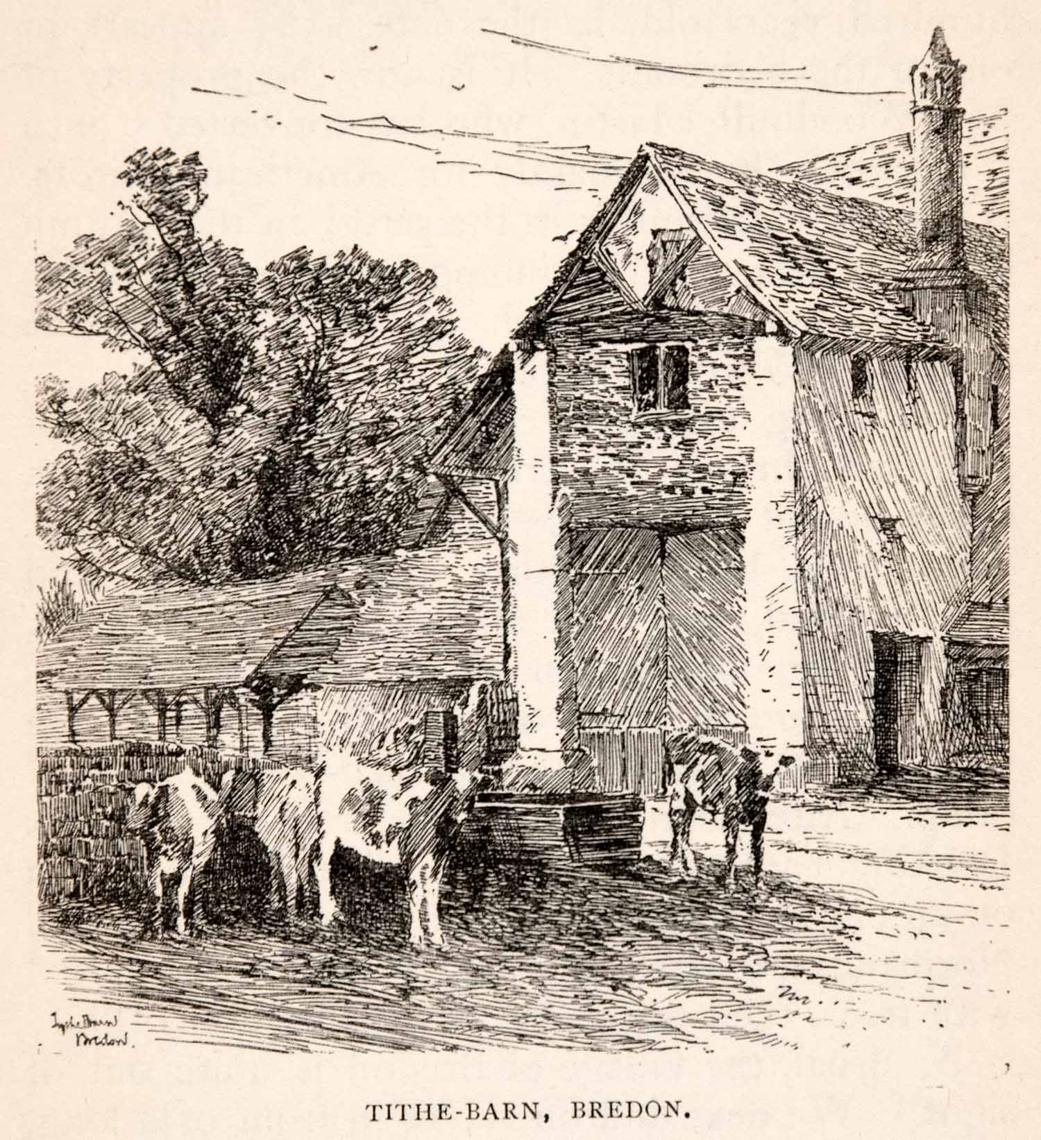 1925 Wood Engraving Tithe Barn Bredon England Cattle Art Farm Agricult ...
