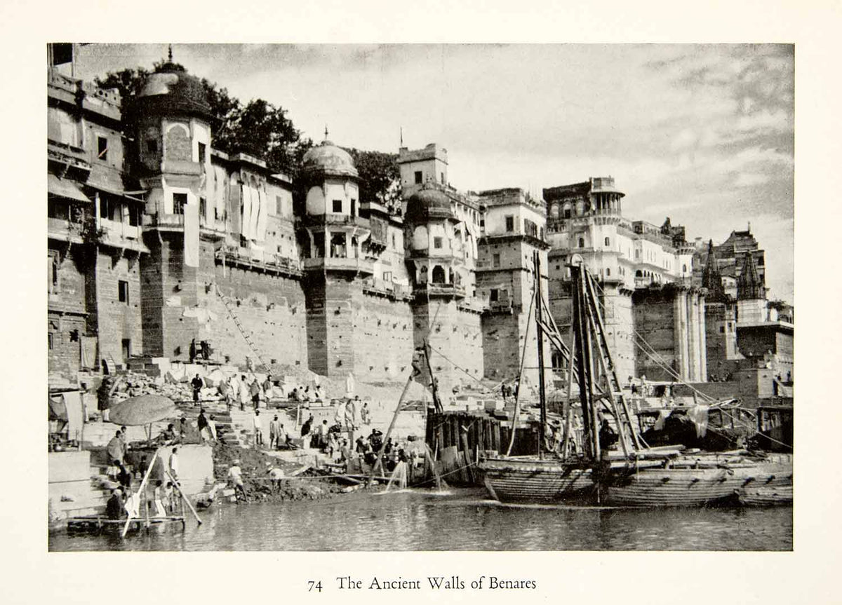 1938 Print Ancient Wall Benares India Water Boats Ghats Fortress Varan ...