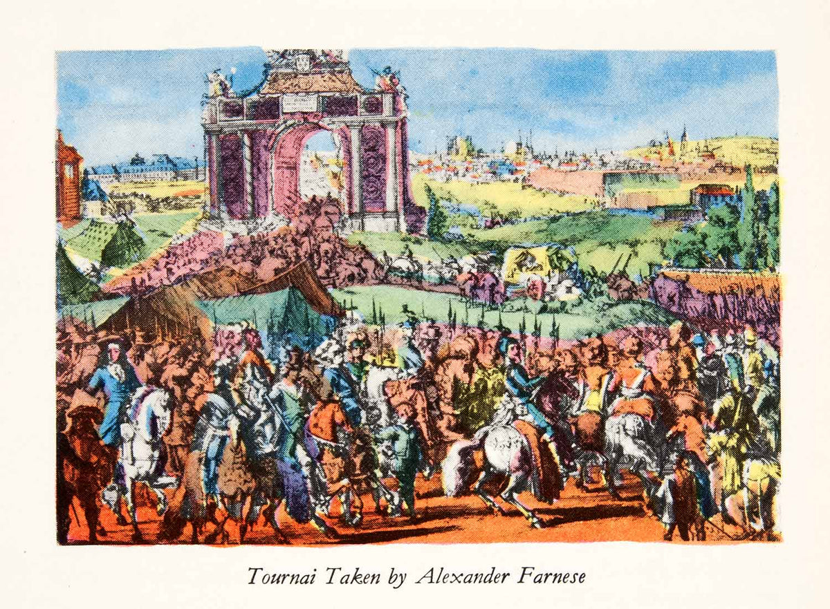 1950 Photolithograph Tournai Belgium Arch Gate Landscape Battle Warfar ...