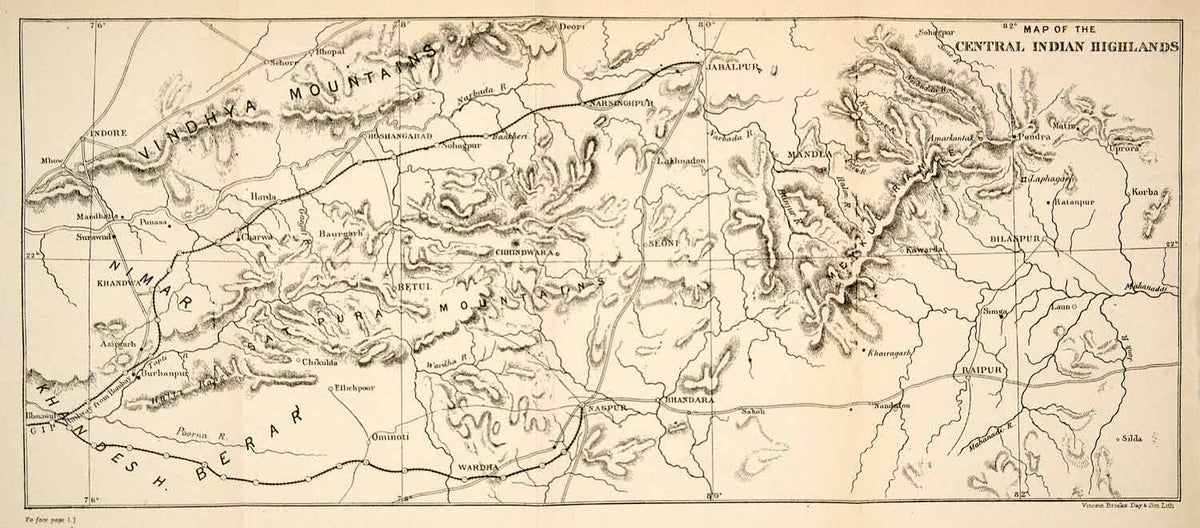 1920 Print Map India Central Highlands Asia Vindhya Mountains Satpura ...