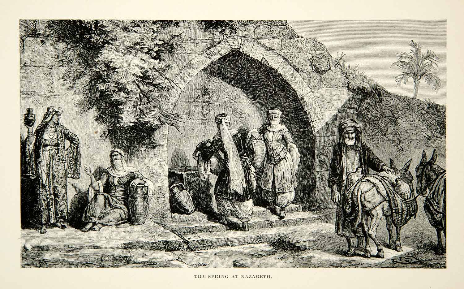 1891 Wood Engraving Spring Nazareth Biblical Native Middle East Well A ...