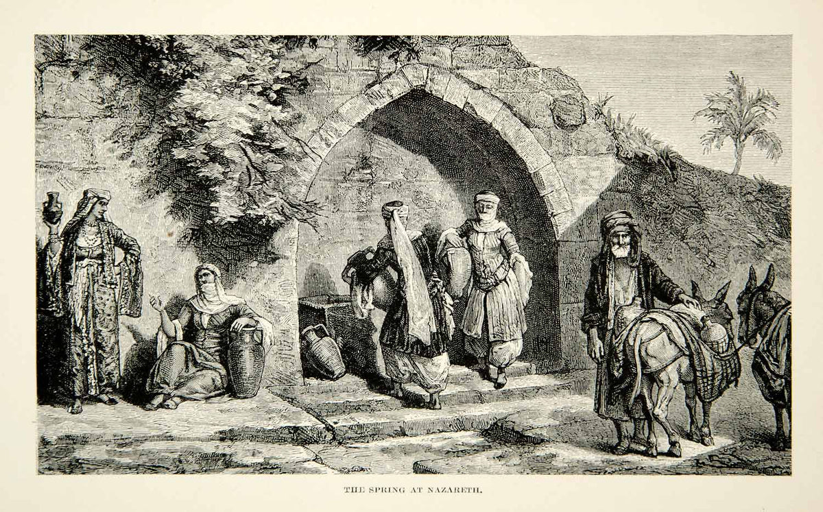 1891 Wood Engraving Spring Nazareth Biblical Native Middle East Well A ...