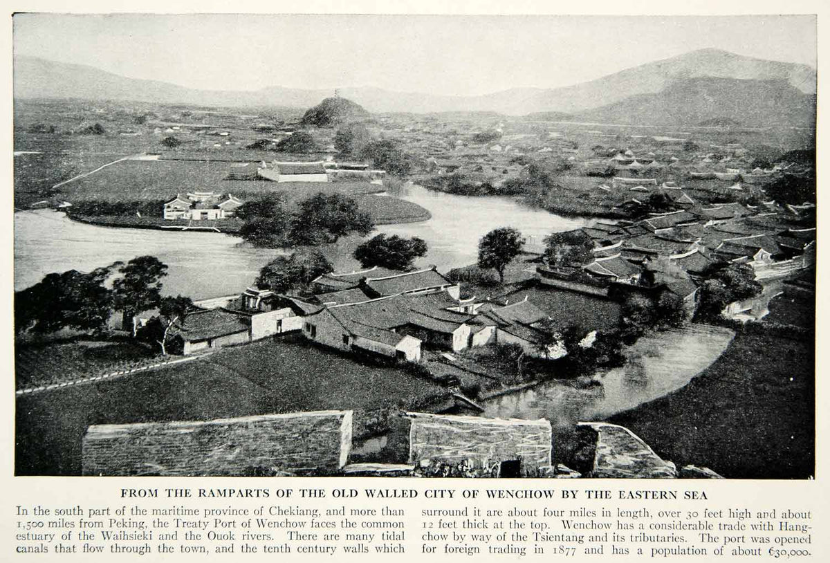 1938 Print Cityscape Architecture Walled City Wenzhou China Historical ...