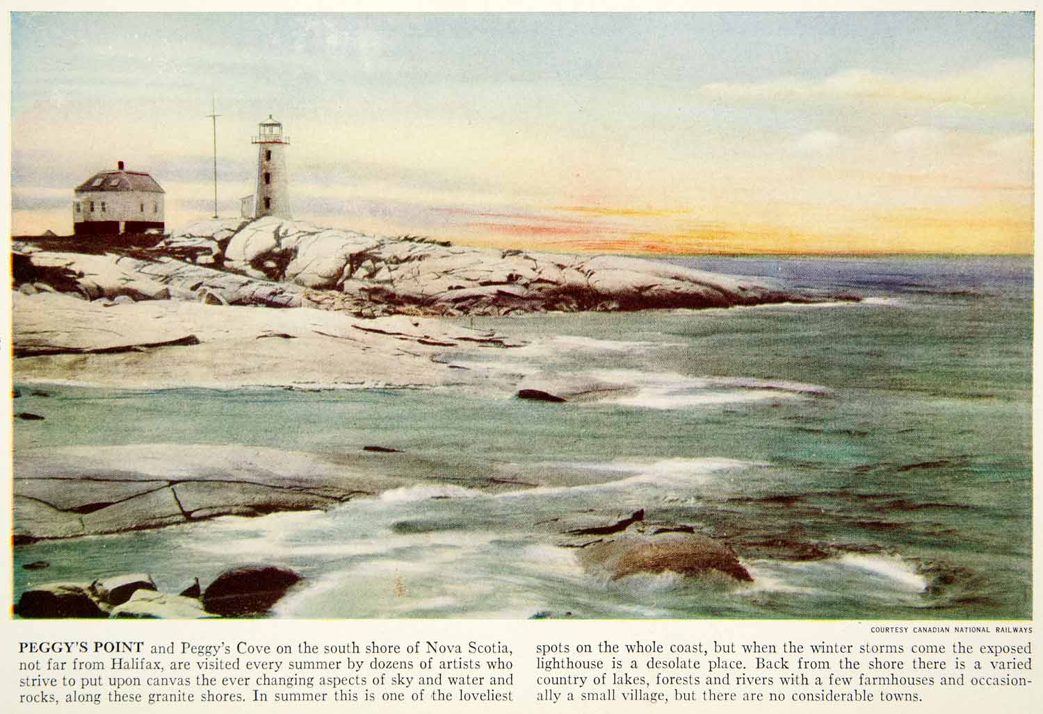 1938 Color Print Peggys Point Lighthouse Cove Nova Scotia Canada Atlan ...