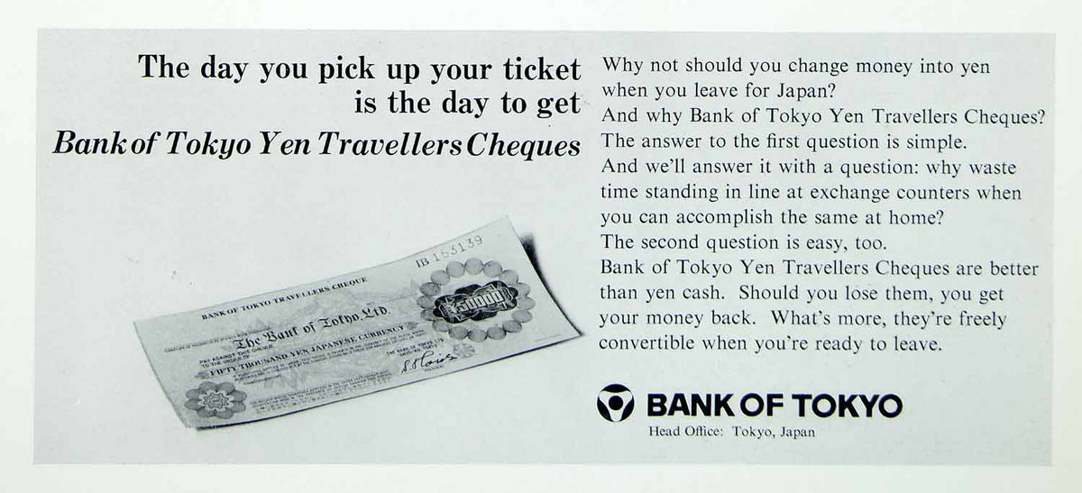1968 Ad Bank Tokyo Travellers Cheques Yen Currency Japanese Exchange X ...