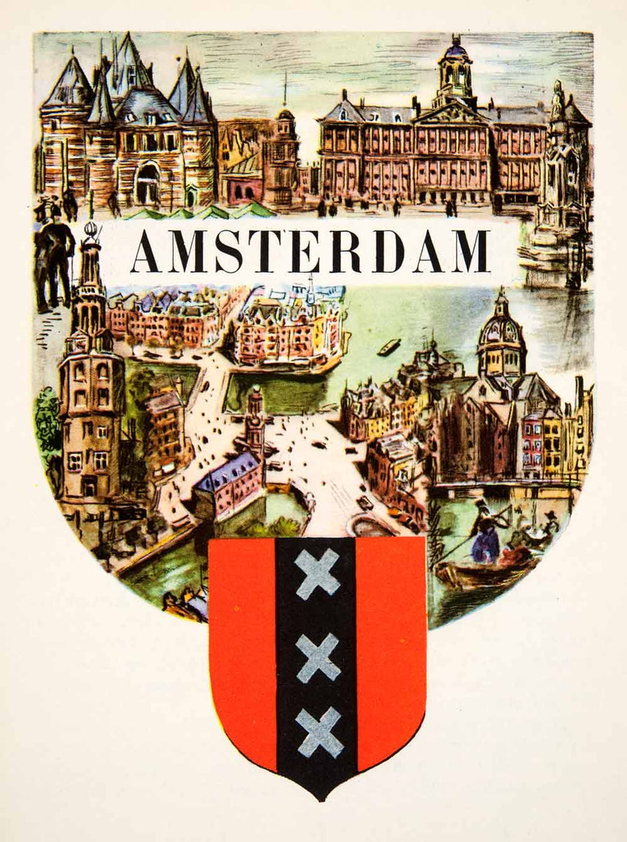 1951 Photolithograph Amsterdam Netherlands Dutch Holland Shield Citysc ...