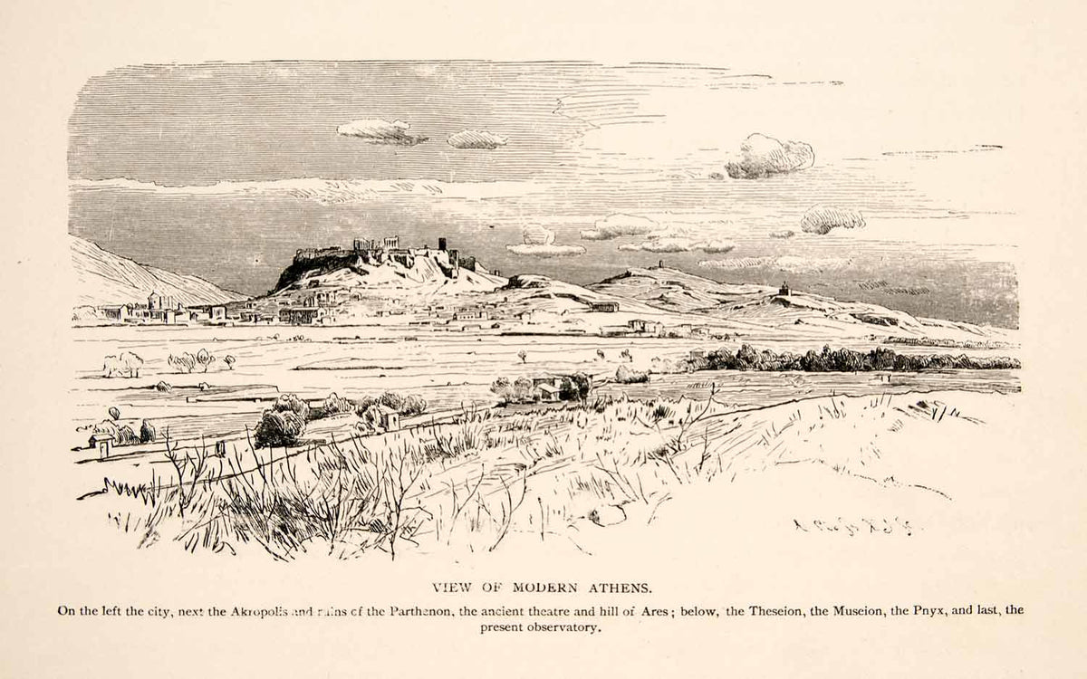 1886 Wood Engraving Athens Greece Acropolis Parthenon Ares Theseion XG ...