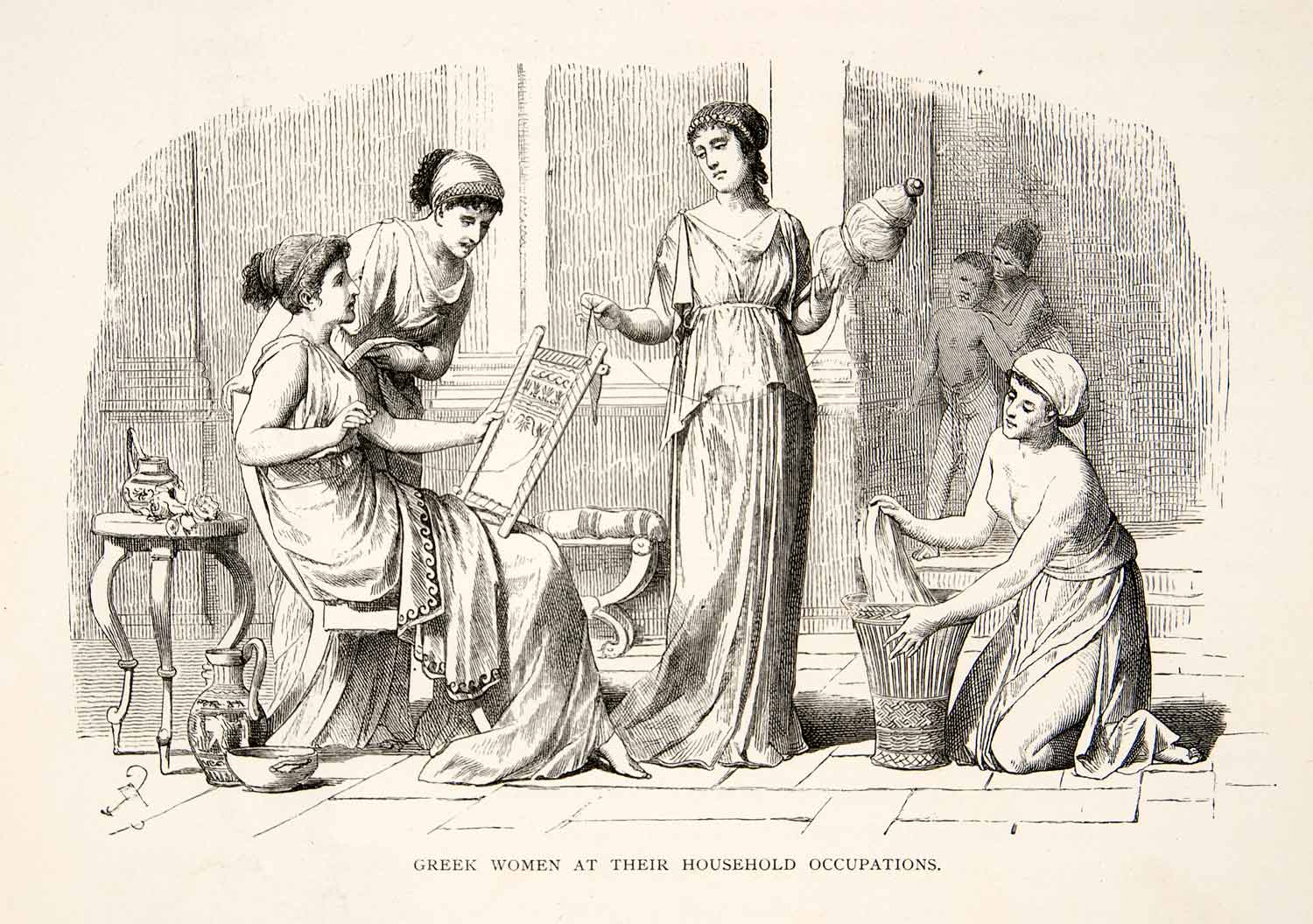 1886 Wood Engraving Greek Women Costume Dress Toga Embroidery Spinning ...
