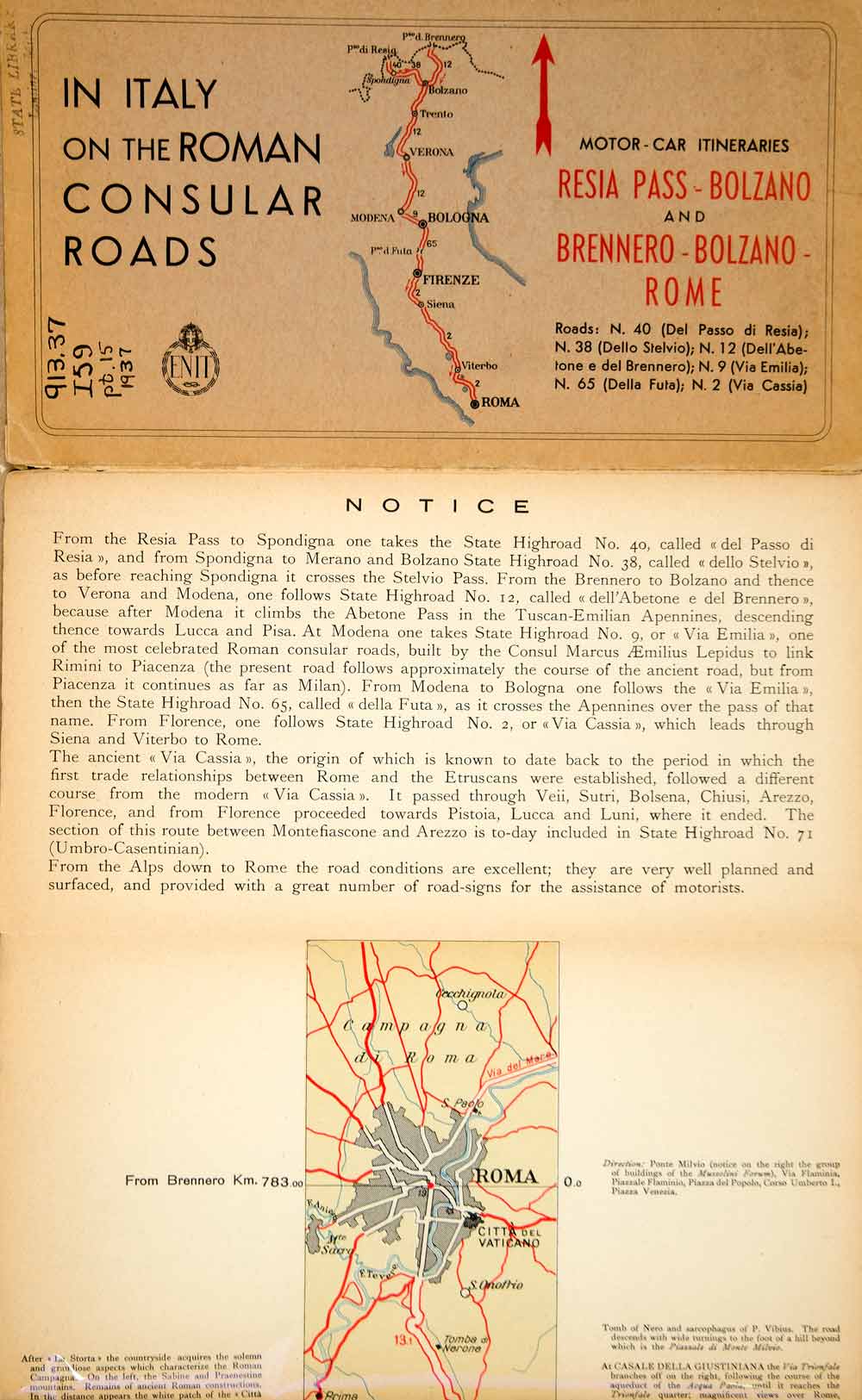1937 Lithograph Map Via Aemilia Cassia Ancient Roman Consular Road Car ...