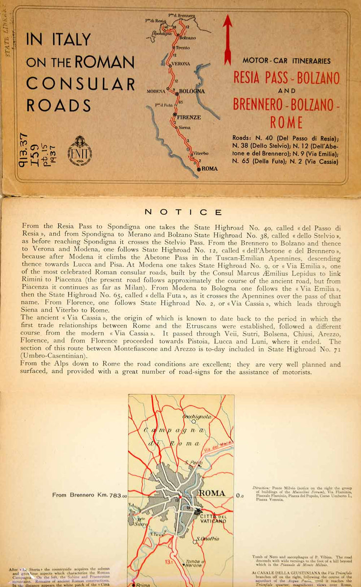 1937 Lithograph Map Via Aemilia Cassia Ancient Roman Consular Road Car ...