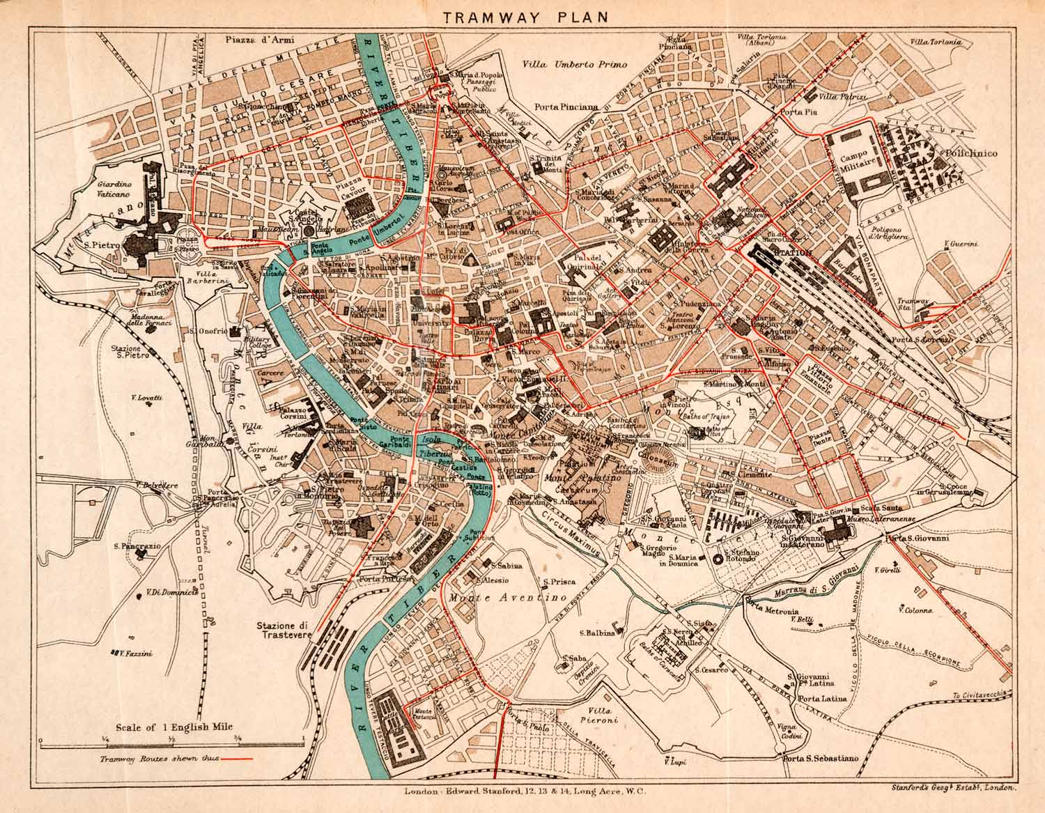 1908 Lithograph Map Tramway Plan Rome Italy Vatican Tiber River Via XG ...