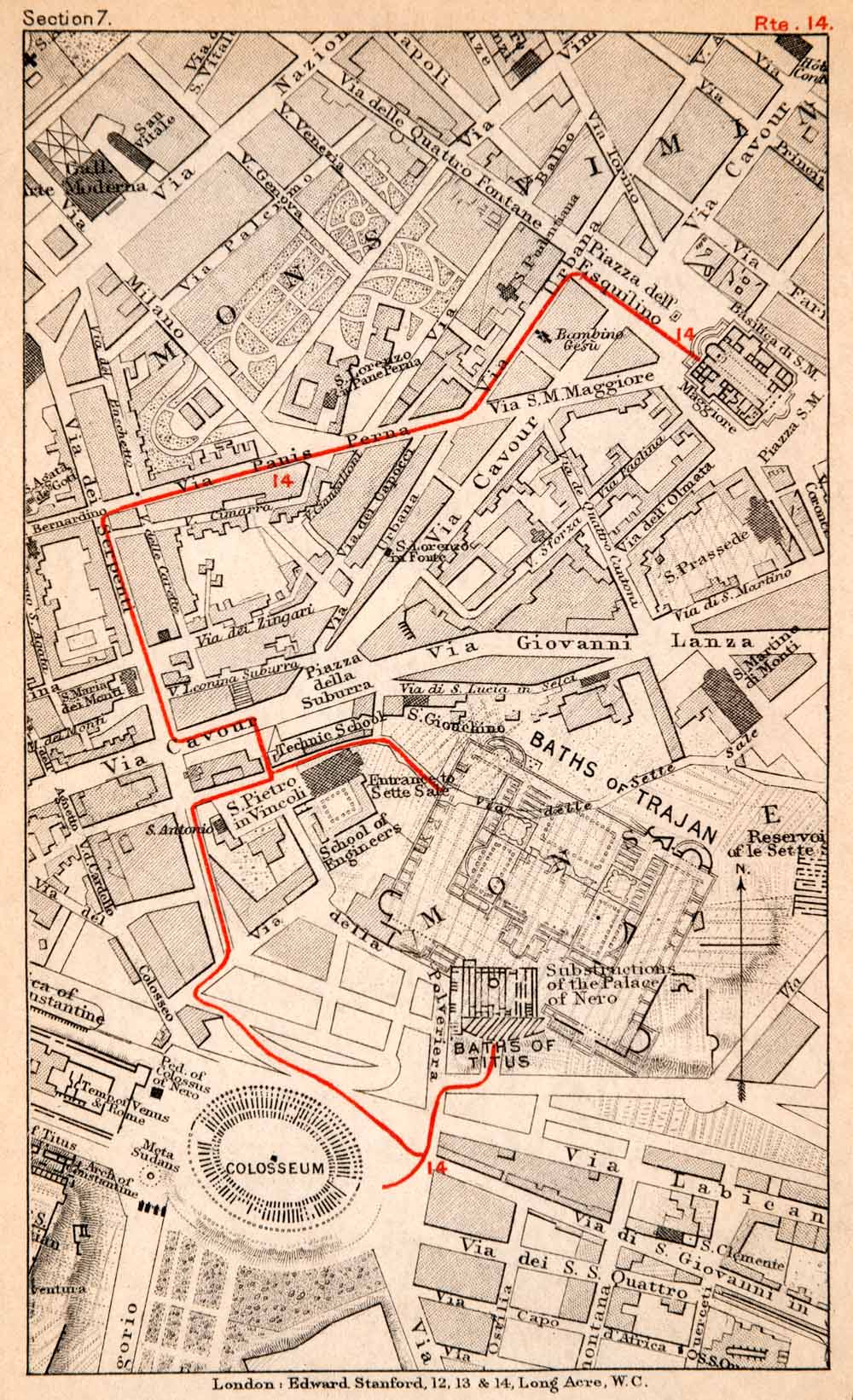 1908 Lithograph Map Plan Rome Italy Colosseum Piazza Esquilino Bath Tr ...
