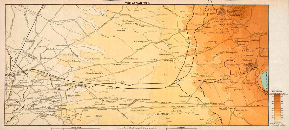 1908 Lithograph Map Appian Way Via Altitude Elevation Marino Frascati ...