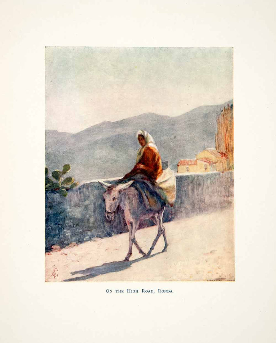 1905 Color Print On the High Road Ronda Spain Donkey Mountains Wall Wo ...