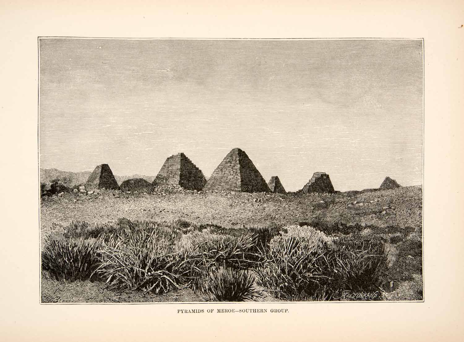 1892 Wood Engraving (Photoxylograph) Ruins Pyramids Meroe Kush Kabushi ...