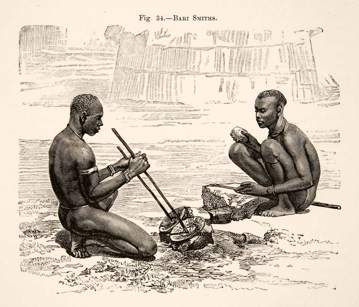 1892 Wood Engraving Smiths Bari Tribe Indigenous Metal Sudan Africa Ni ...